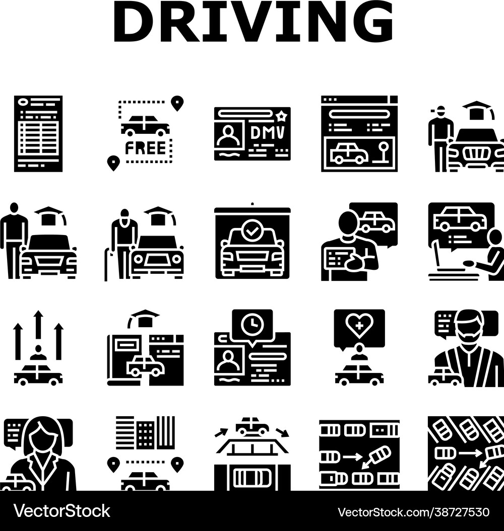 Driving school lesson collection icons set Vector Image