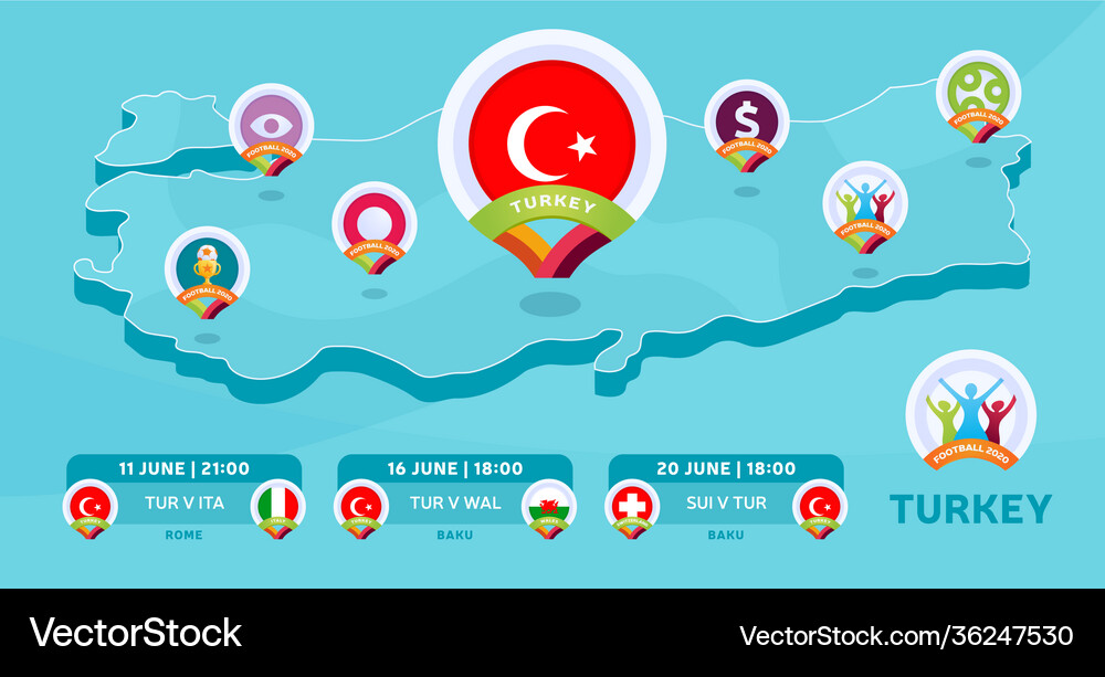 Turkey natioanal team matches on isometric map Vector Image