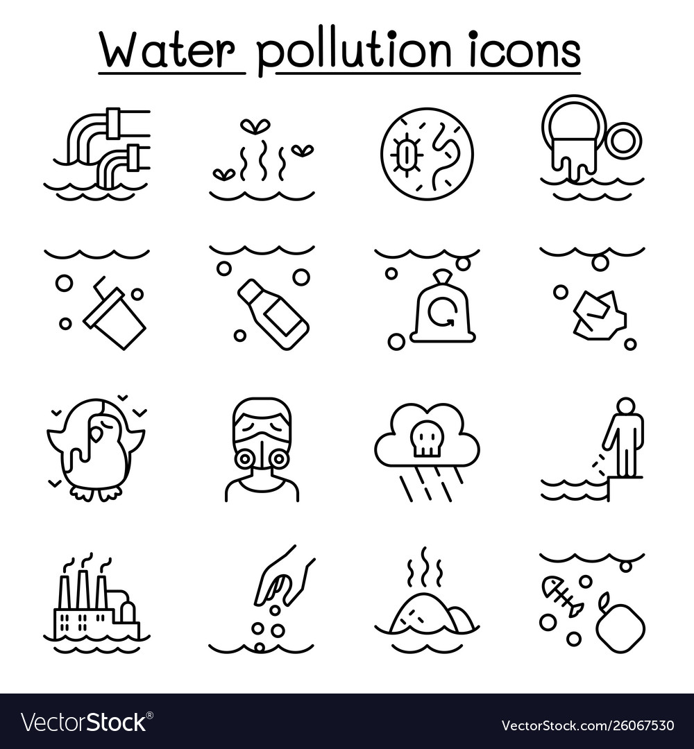 Water pollution icon set in thin line style Vector Image Water pollution icon set in thin line style Vector Image