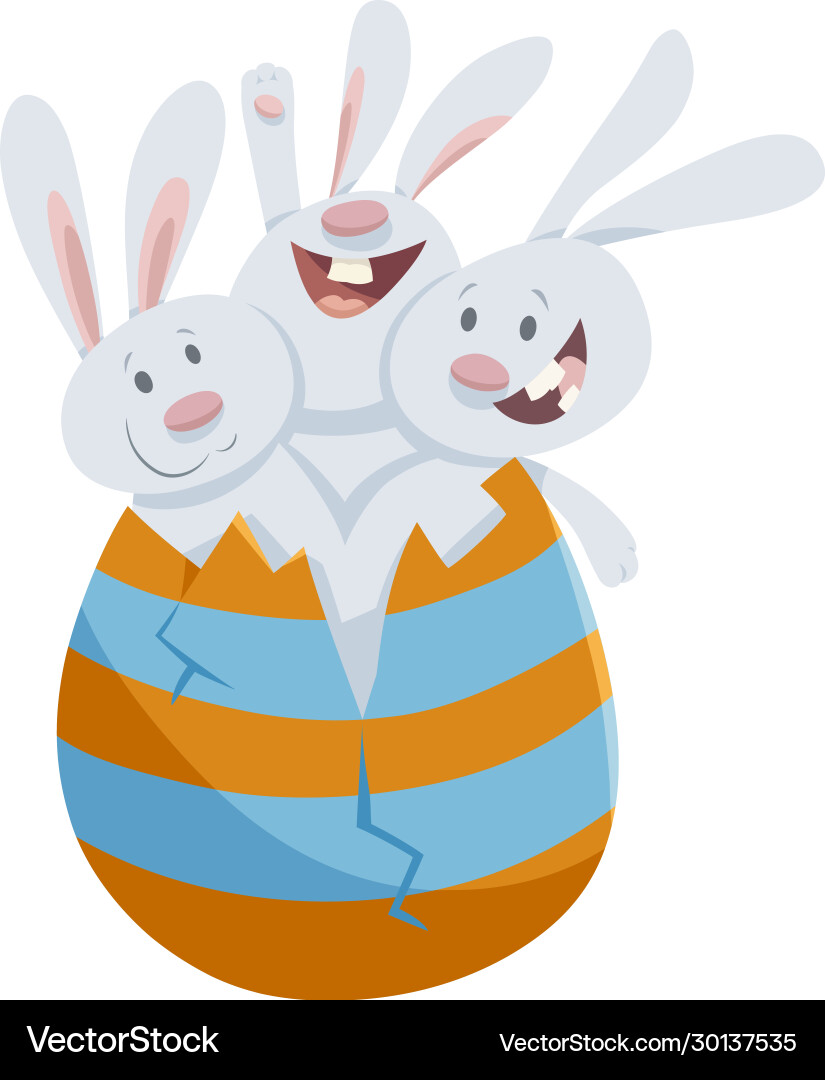 Easter bunnies in big colored egg cartoon Vector Image