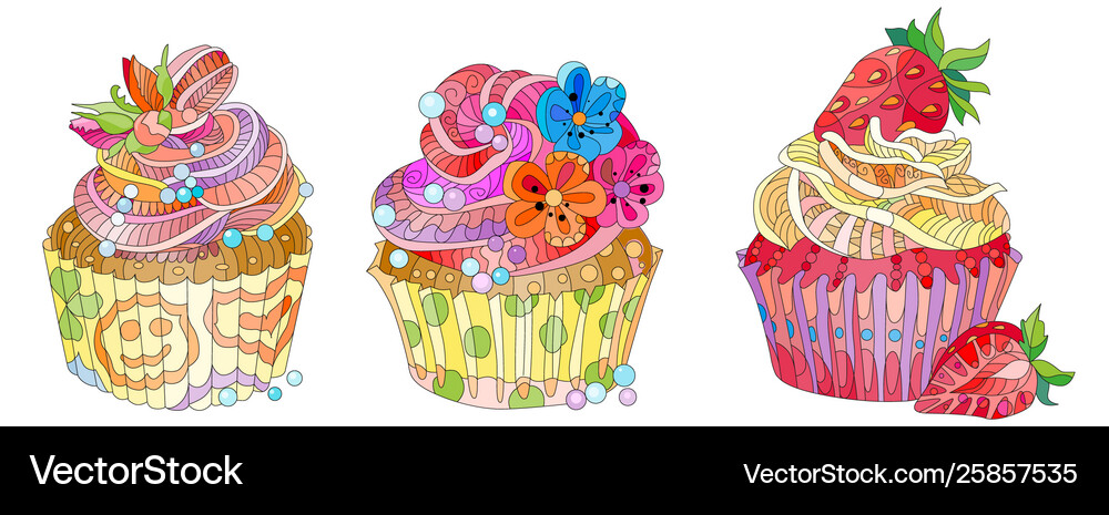 Set cupcakes with strawberry flowers Royalty Free Vector
