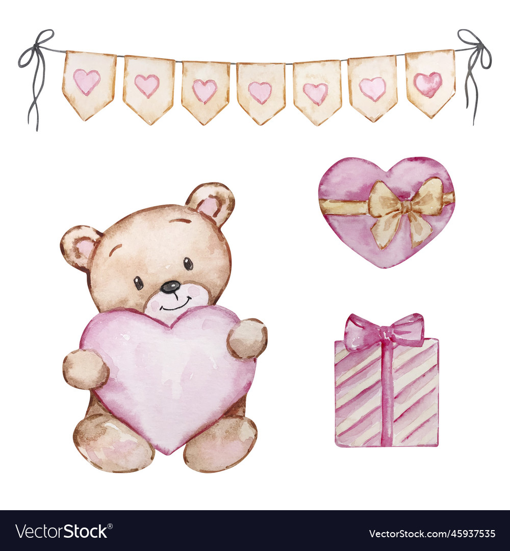 Watercolor cute teddy bears valentines day Vector Image