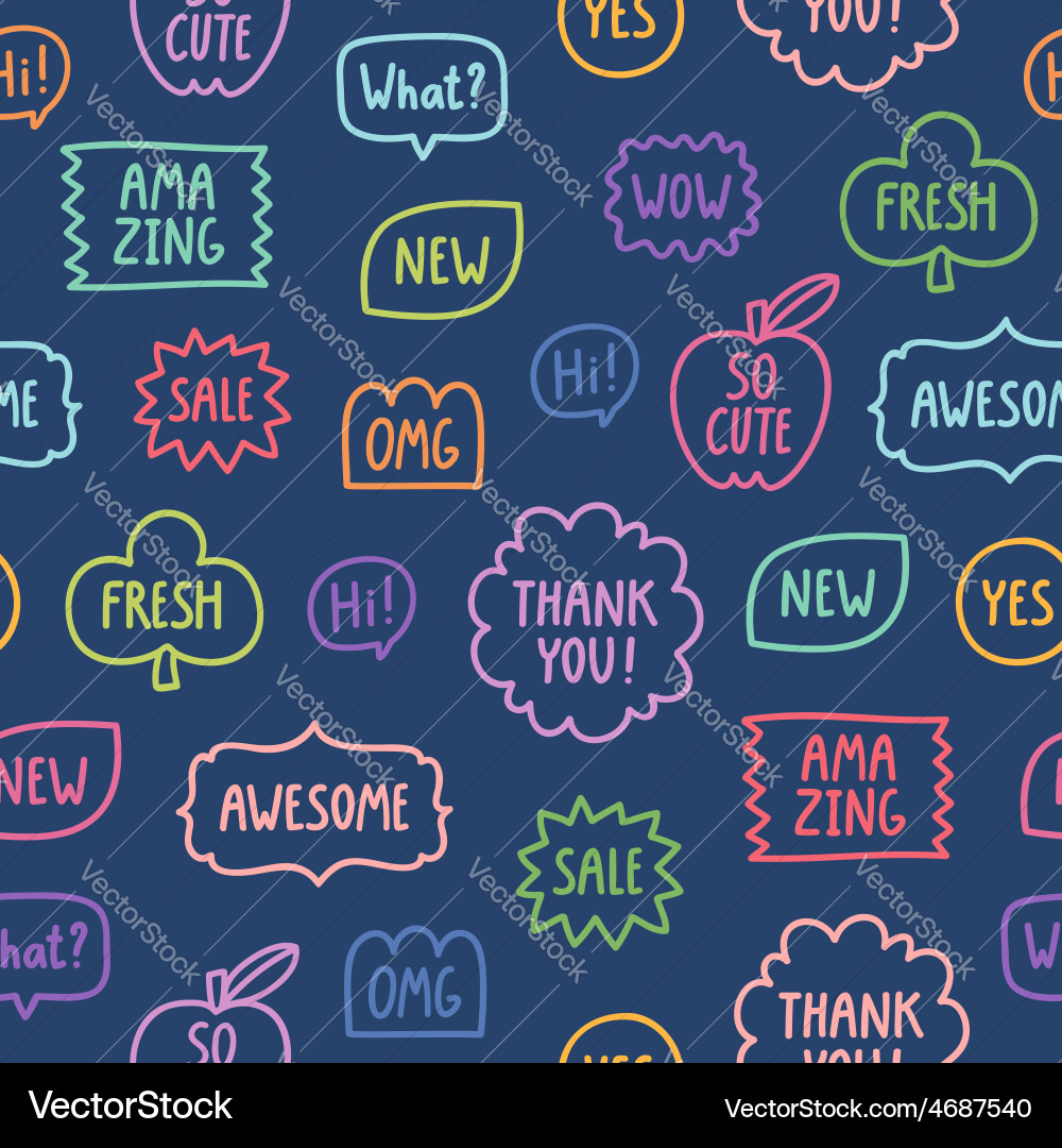 Colorful outline phrases seamless pattern on blue Vector Image