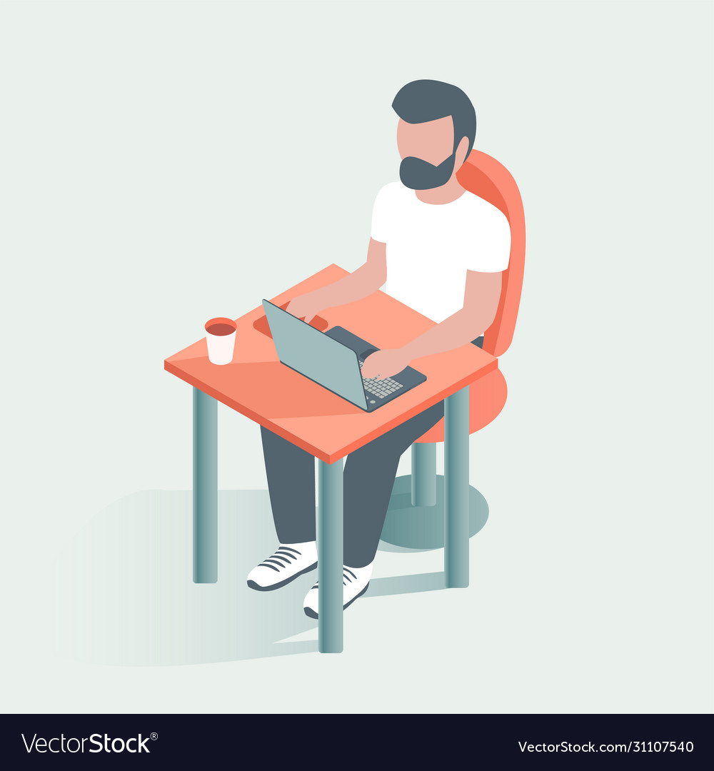 Young modern man sitting at a laptop computer Vector Image