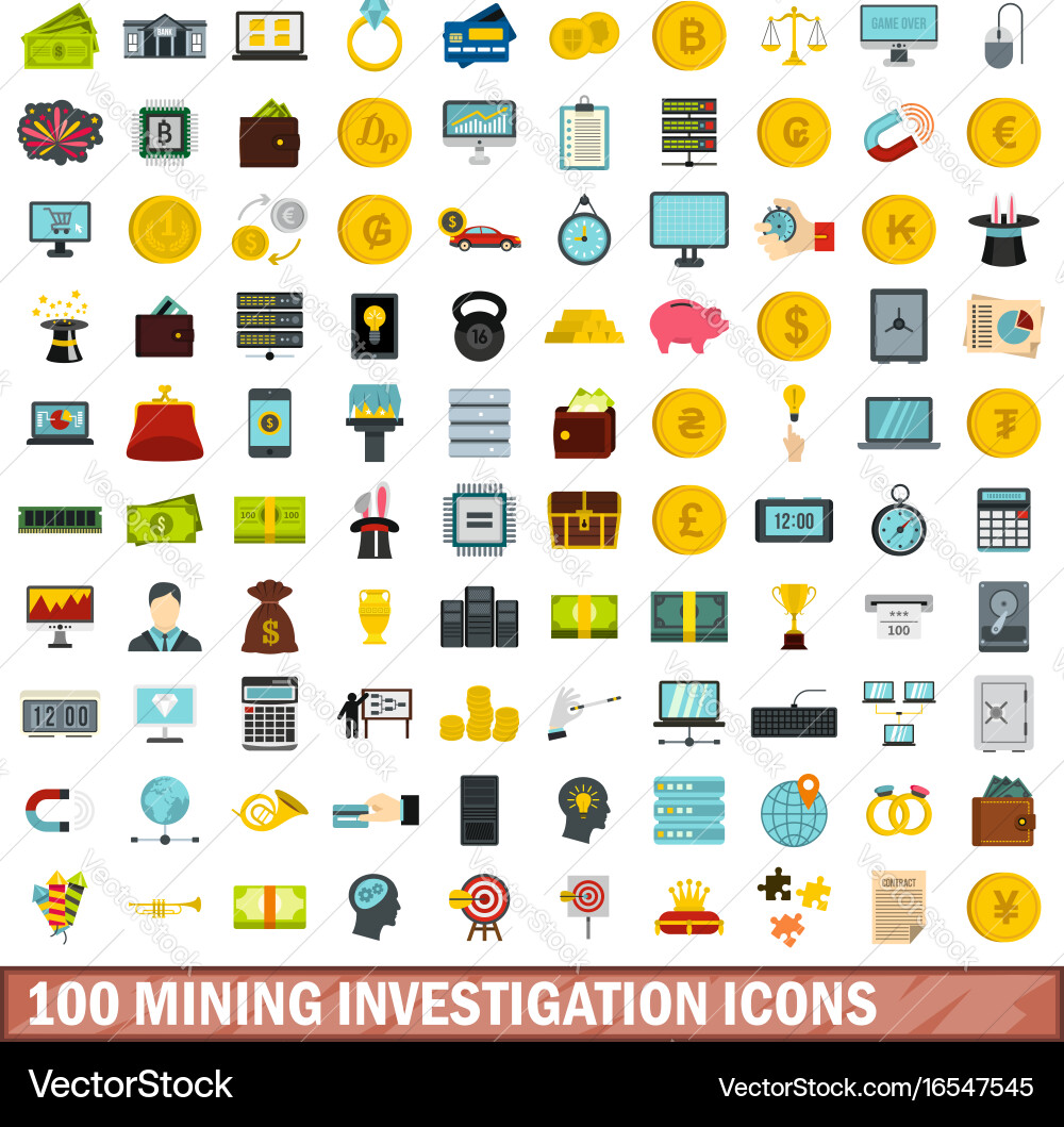 100 mining investigation icons set flat style Vector Image