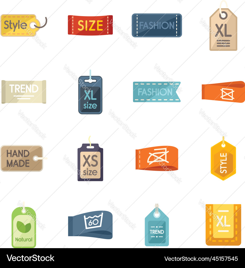 Cloth label icons set flat fabric tag Royalty Free Vector
