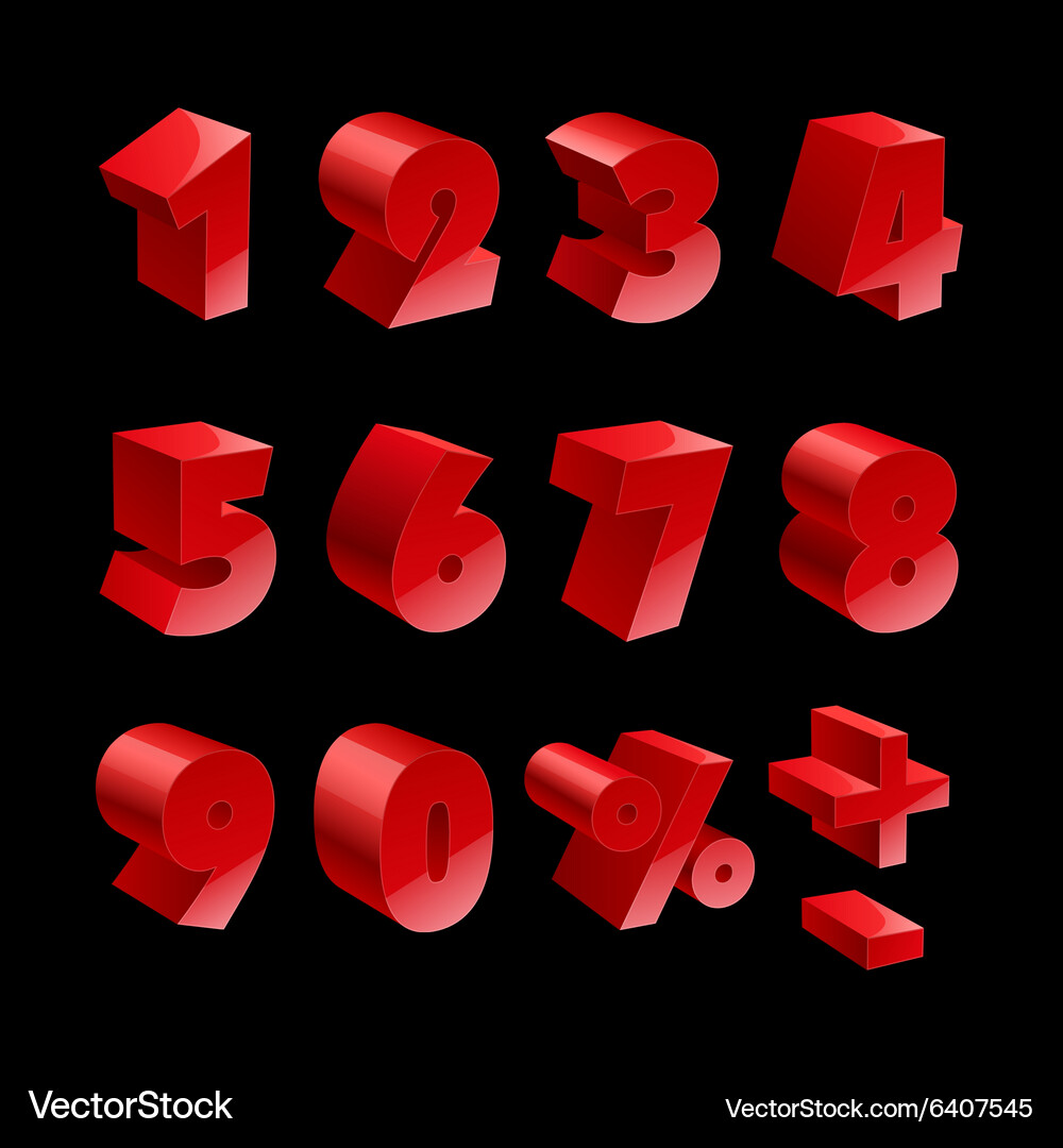 Red shiny 3d thick numbers isolated font on black Vector Image