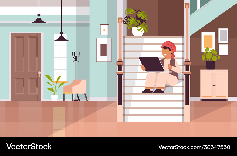 Arab schoolboy using laptop arabicc boy sitting Vector Image