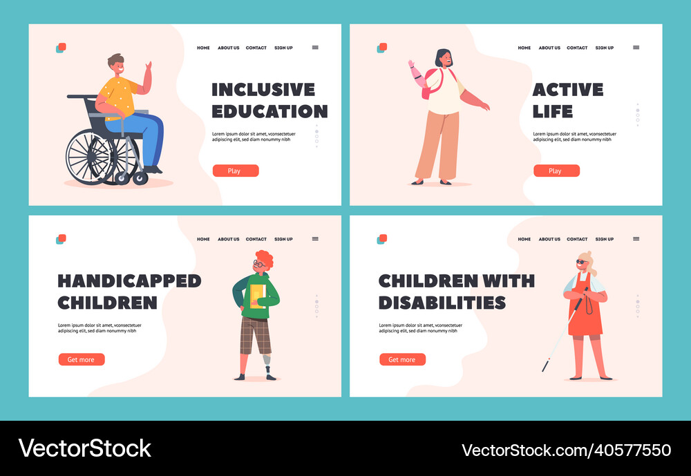 Kids with disabilities landing page template set Vector Image
