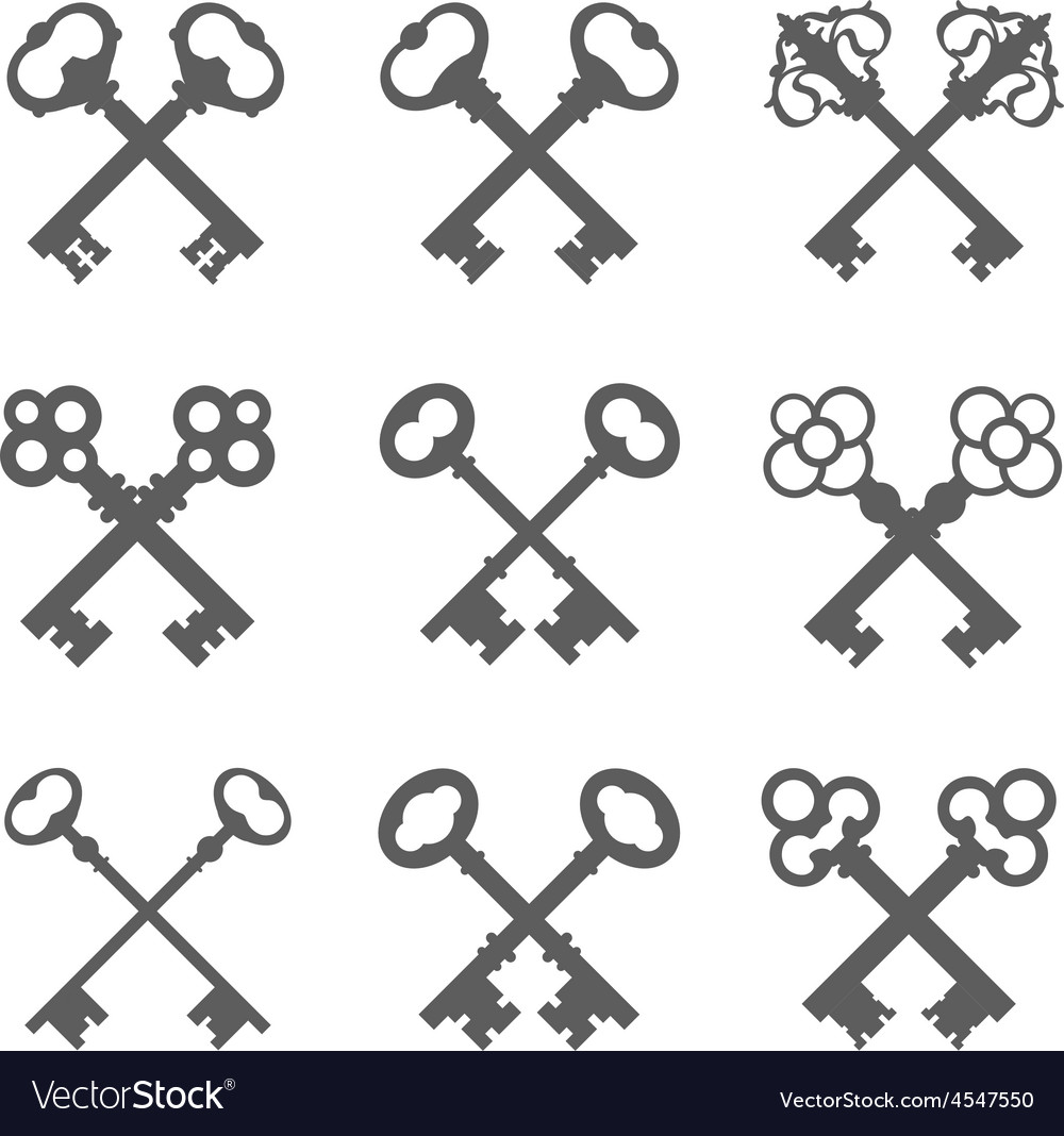 Set crossed keys silhouettes Royalty Free Vector Image