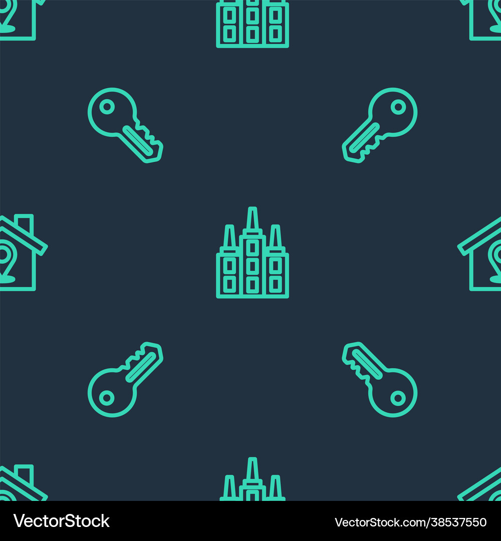 Set line skyscraper house key and location Vector Image