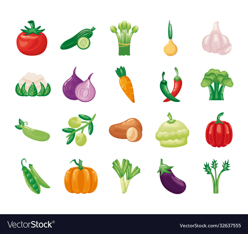 Bundle vegetables set icons Royalty Free Vector Image