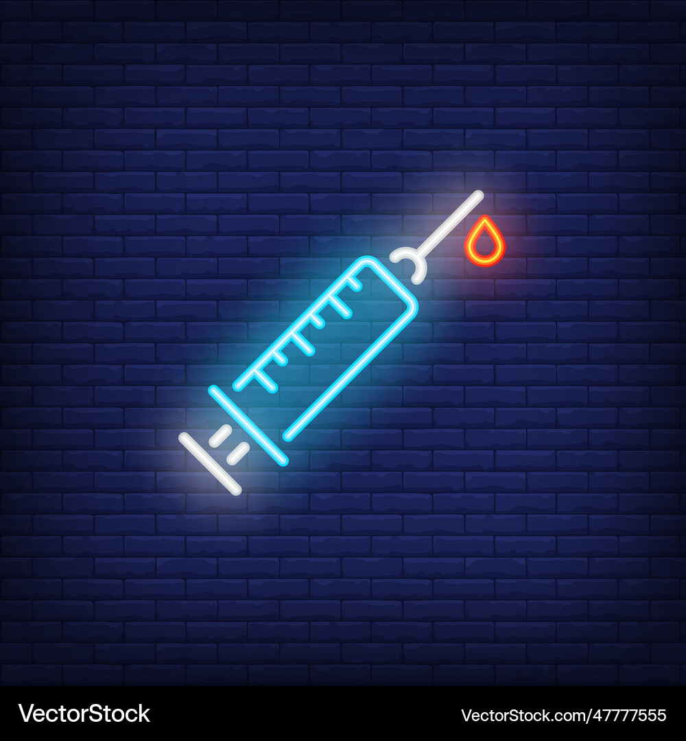 Syringe with blood drop neon sign Royalty Free Vector Image