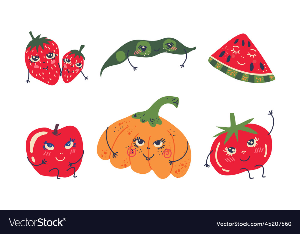 Cute cartoon smiling fruit and vegetable character