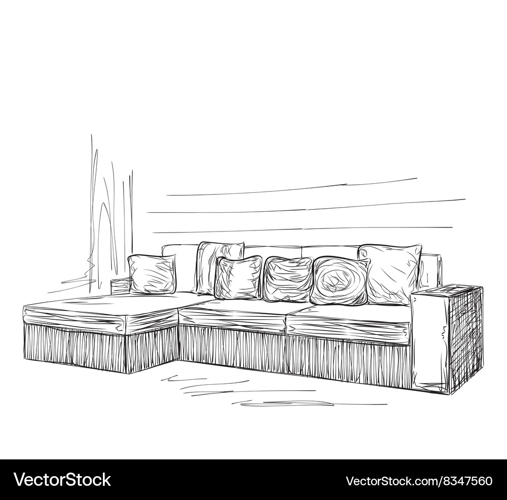 Room interior sketch hand drawn sofa Royalty Free Vector