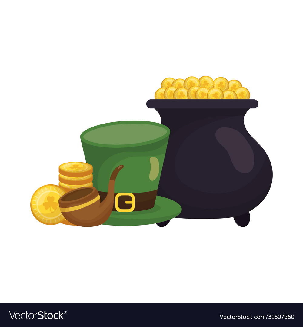 Saint patricks day gold pot hat and pipe Vector Image