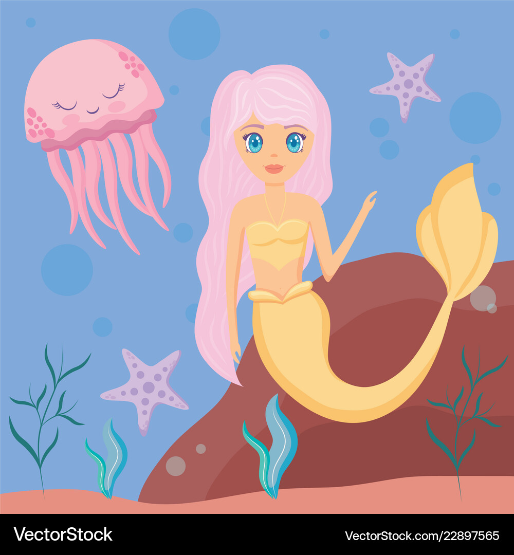 Cute siren with octopus and starfish Royalty Free Vector