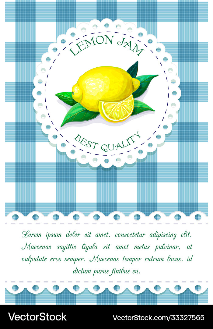 Label with juicy ripe lemon on chequered backdrop Vector Image