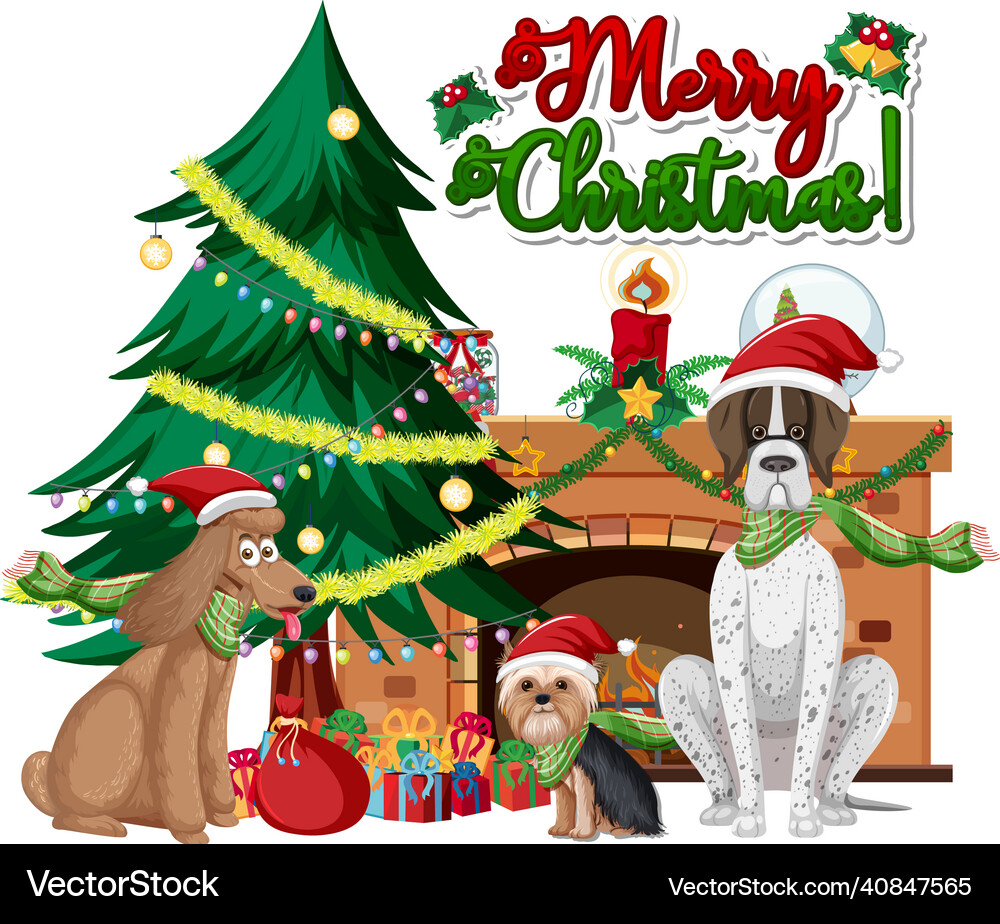 Merry christmas text logo with christmas tree Vector Image