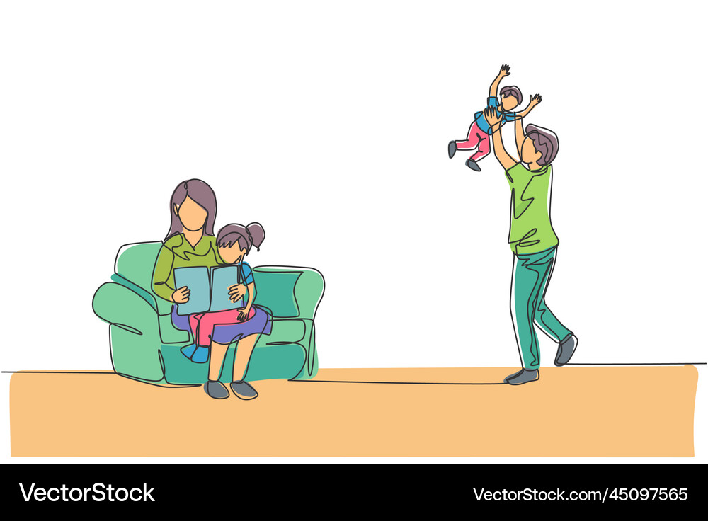 One continuous line drawing of young mom sitting Vector Image