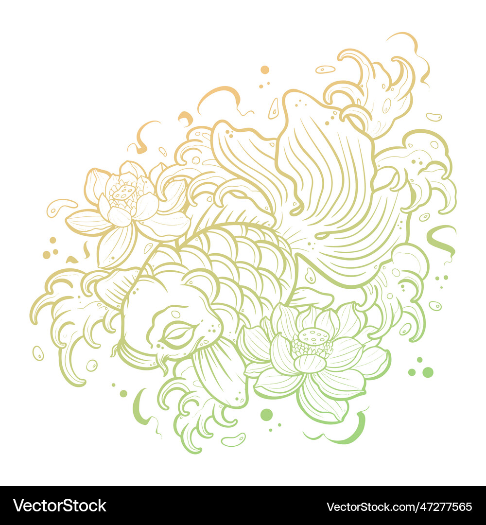 Outer lines carp water waves and lotus flowers Vector Image