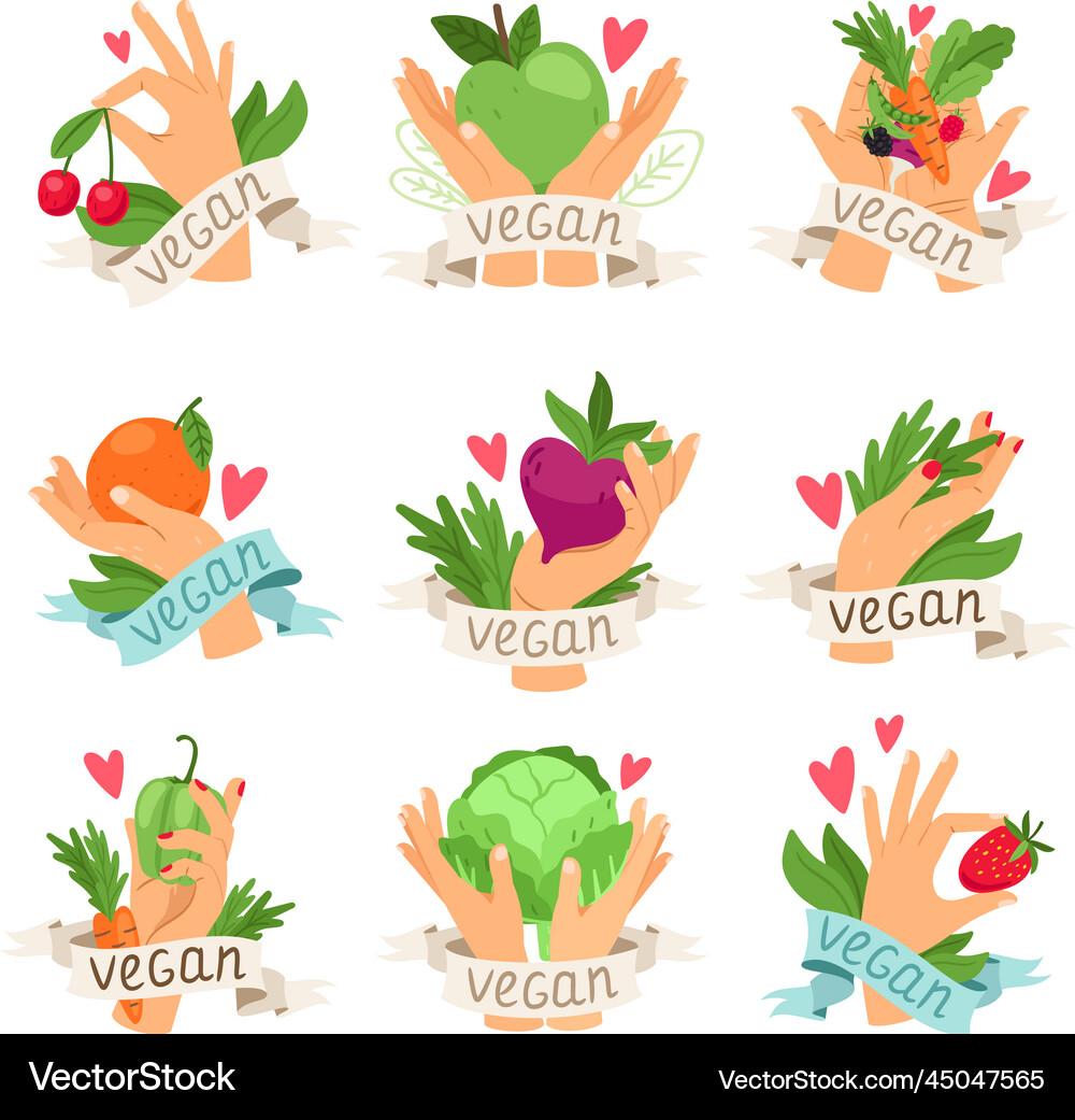 Vegan isolated labels with vegetables Royalty Free Vector