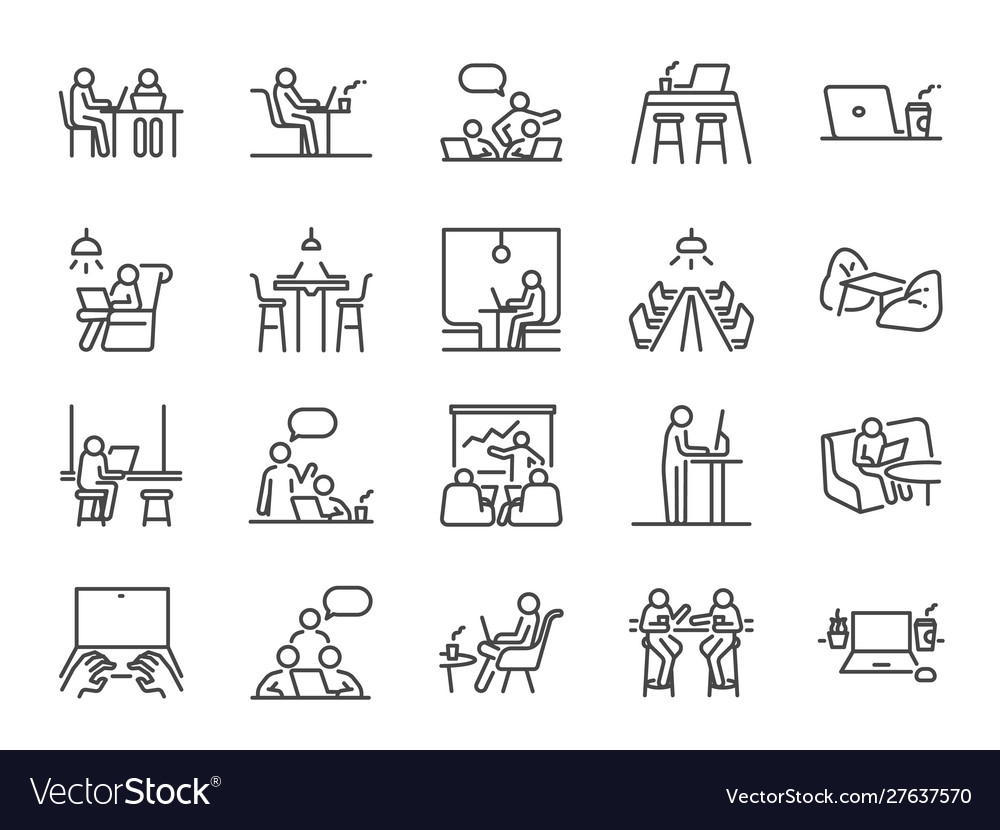 Co-working space line icon set Royalty Free Vector Image