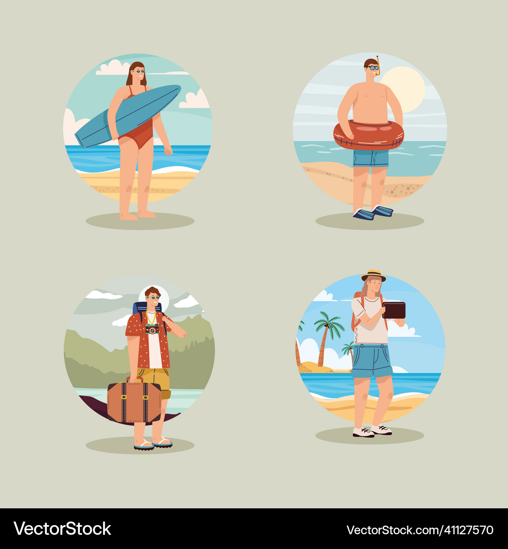 Four tourist on the beach Royalty Free Vector Image