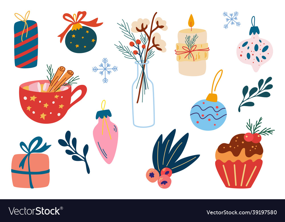 Christmas decorations set holiday gifts Royalty Free Vector