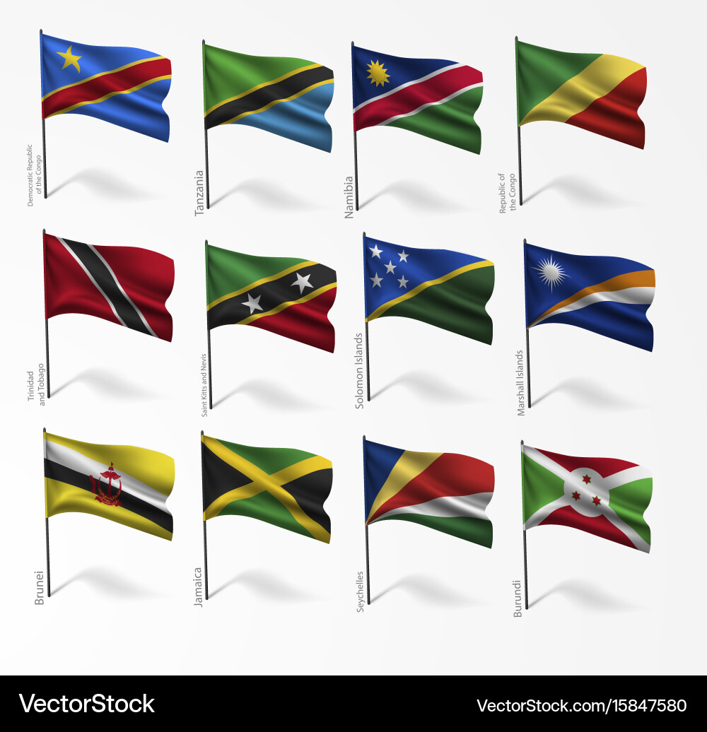 Collection of flags world on flagpole Royalty Free Vector