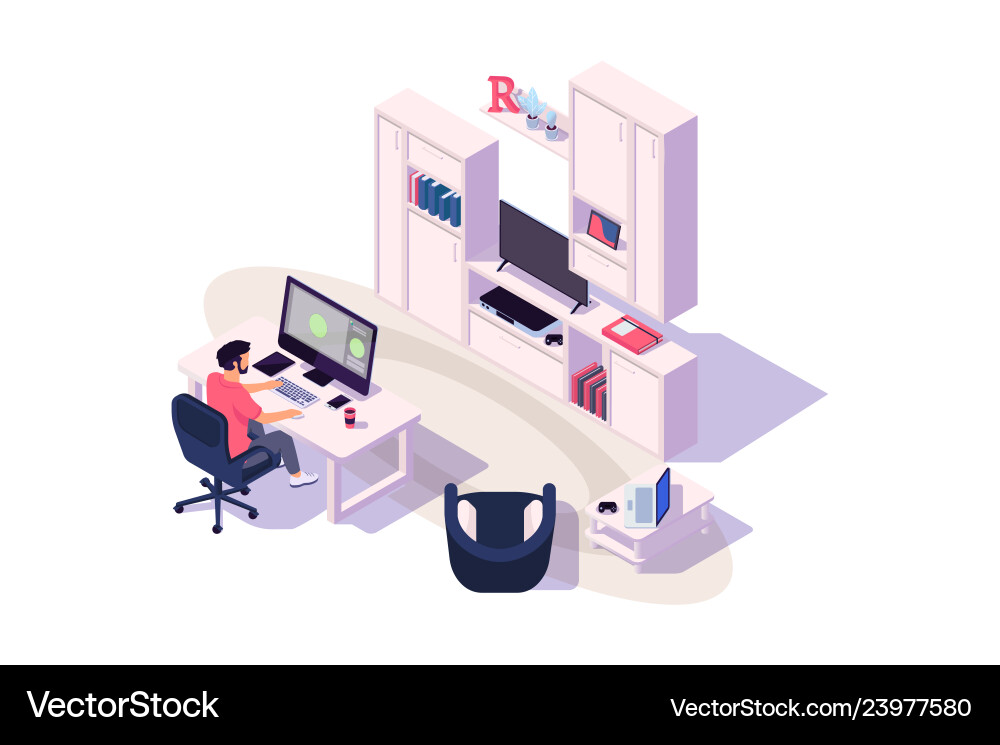 Isometric 3d cozy workplace with businessman at Vector Image