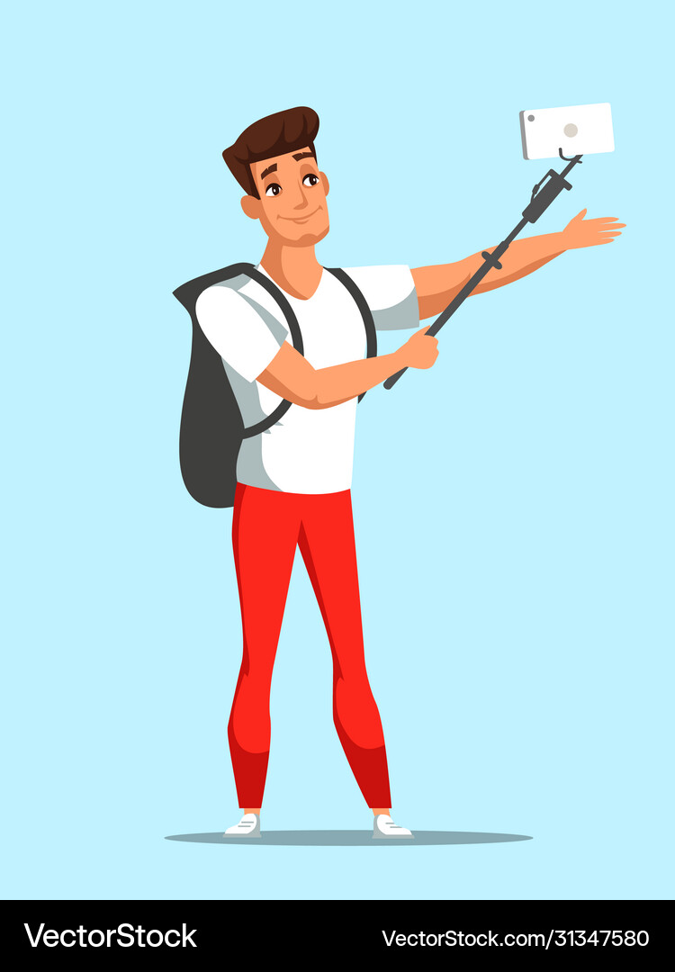 Man shooting video taking selfie on phone blue Vector Image