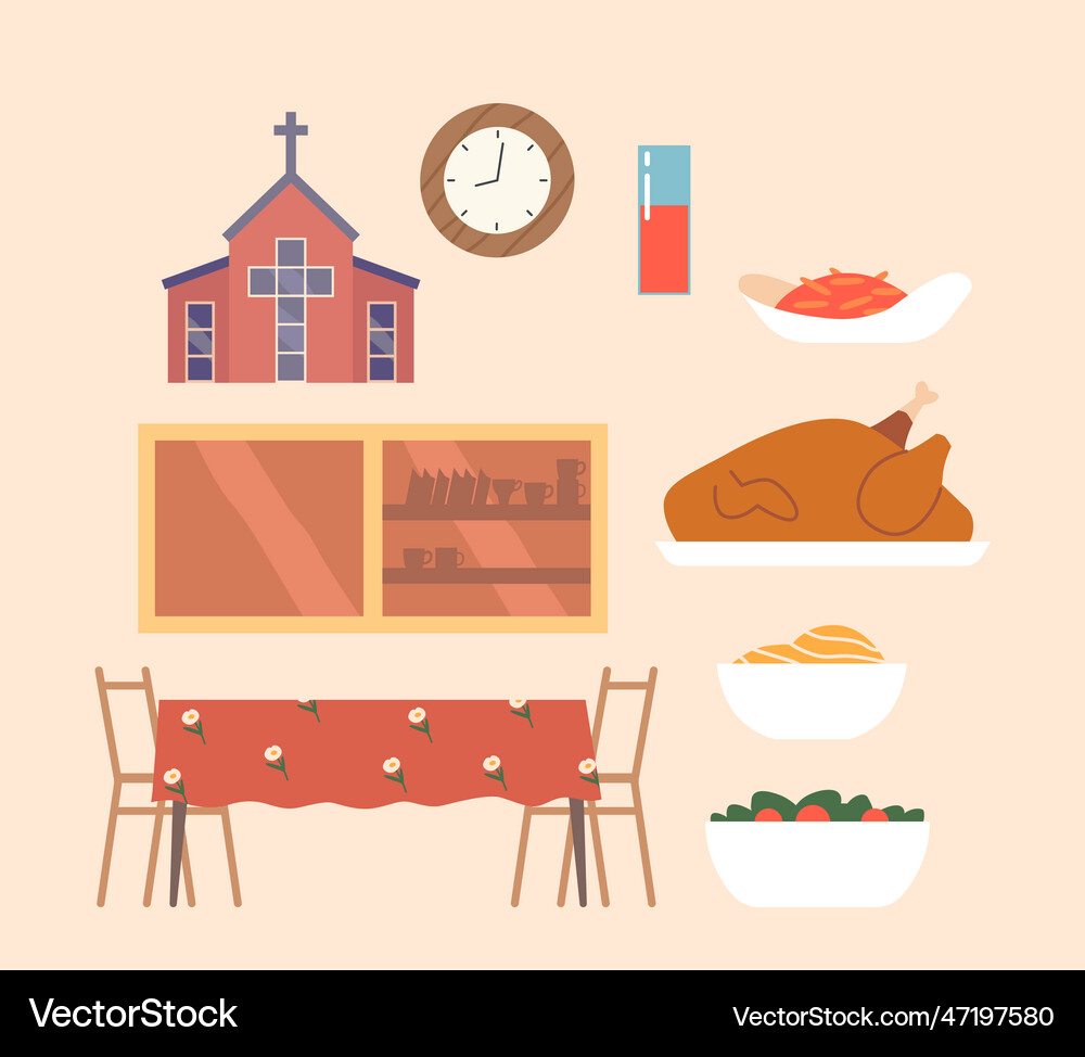 Set icons catholic church kitchen table roasted Vector Image