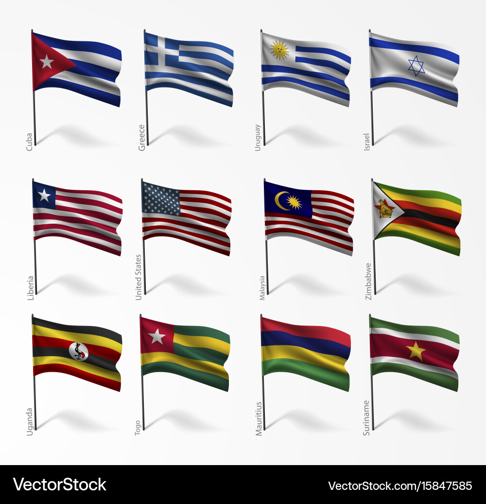 Collection of flags world on flagpole Royalty Free Vector