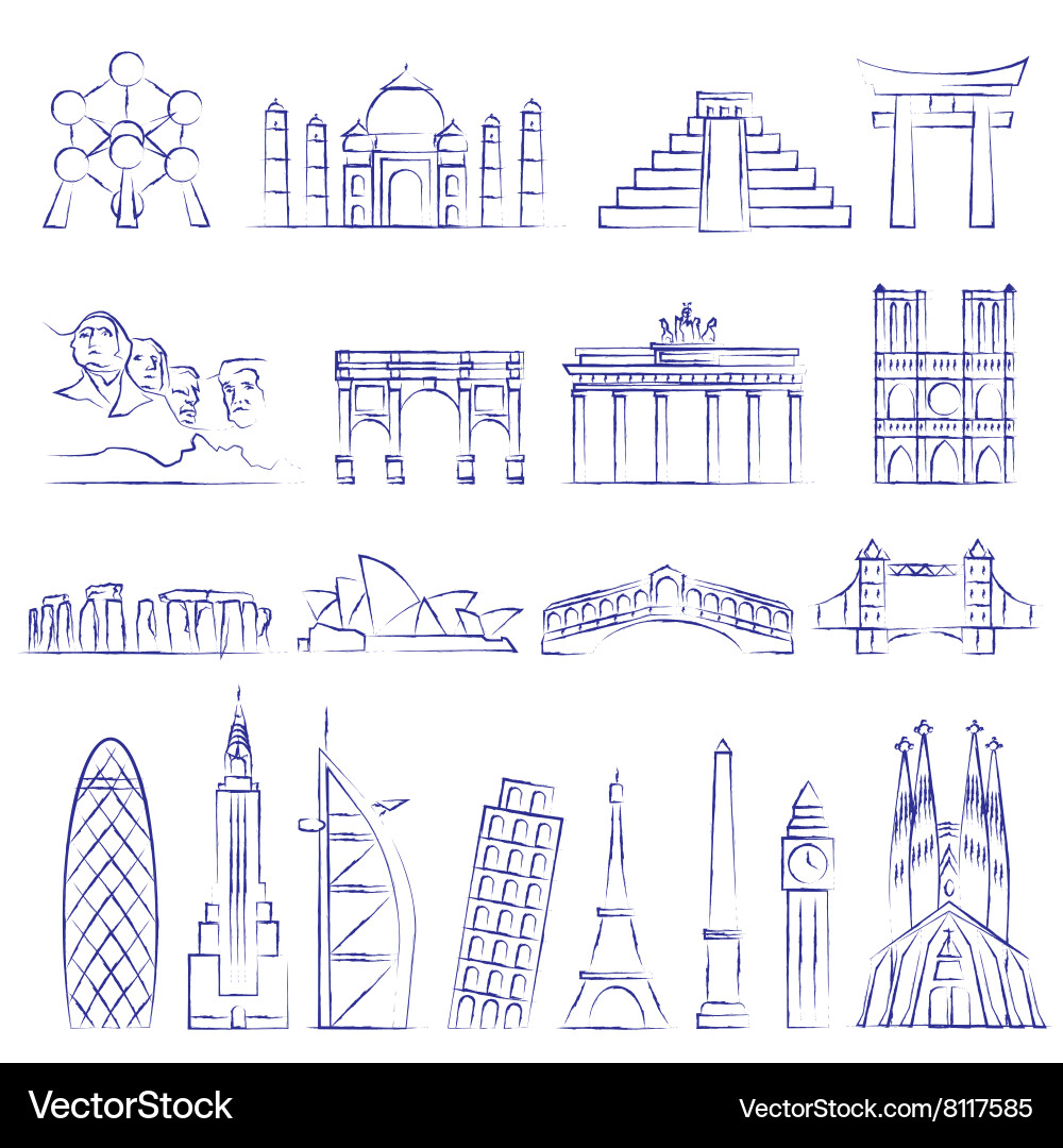 World landmarks outline icons abstract set Vector Image