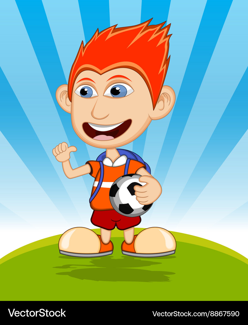 Boy carrying the ball and backpack is waving Vector Image