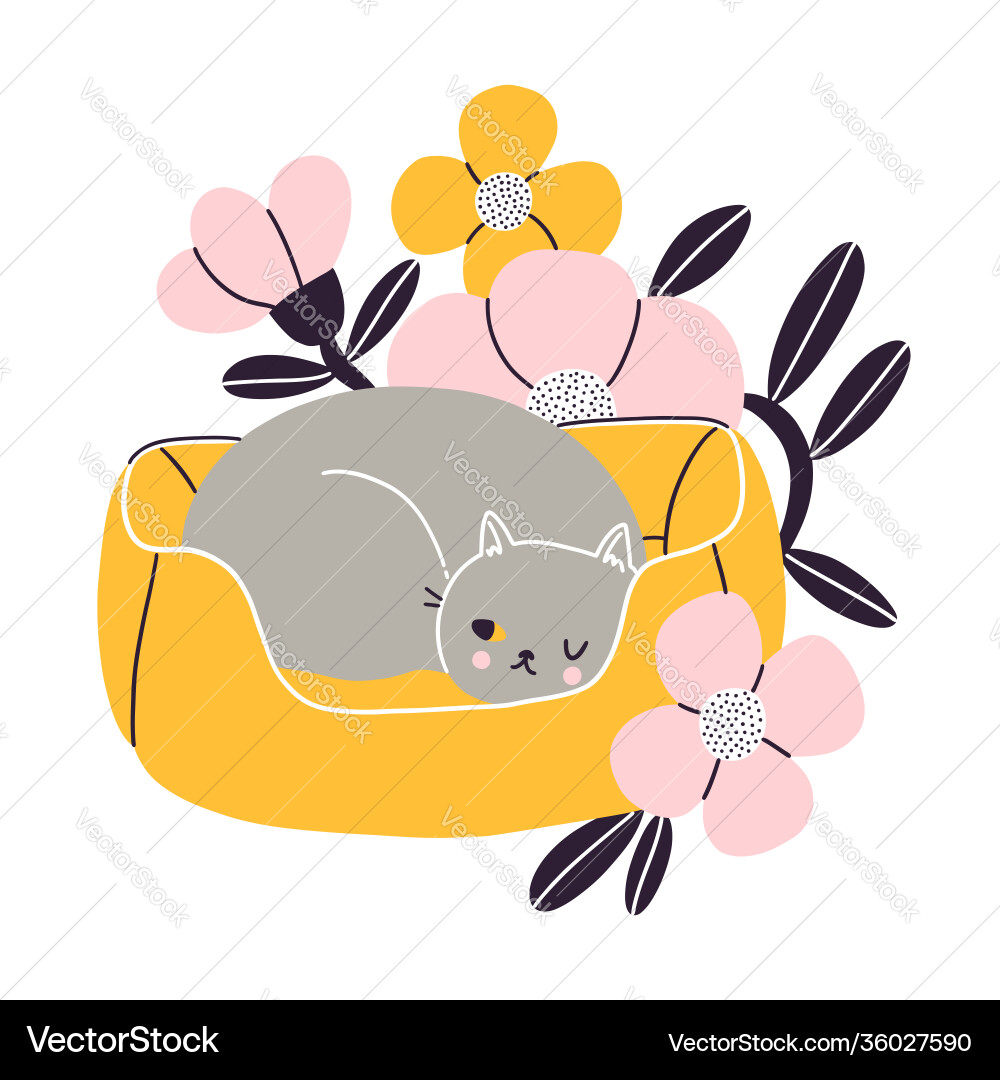 Cat nap corner grey british with flowers Vector Image