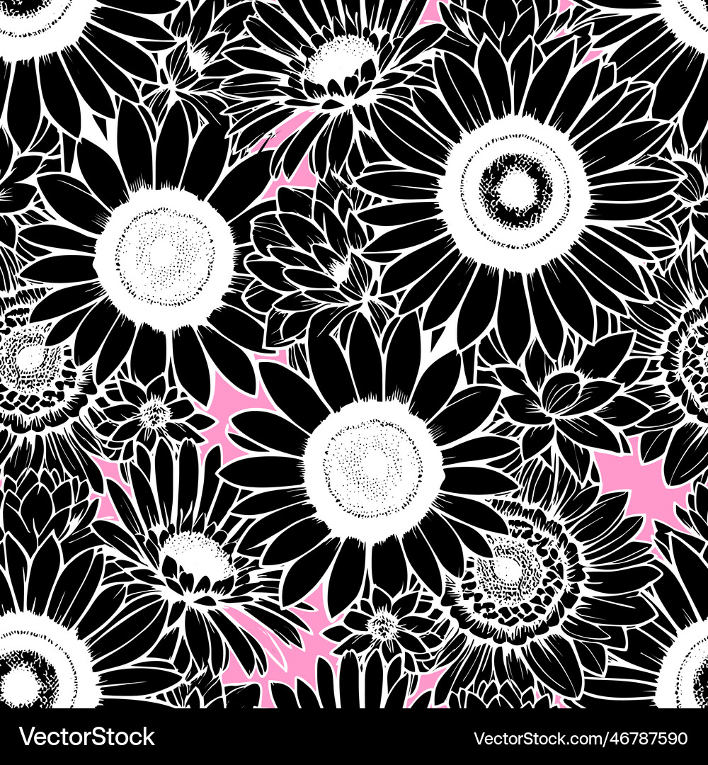 Seamless black and white floral pattern on a pink Vector Image
