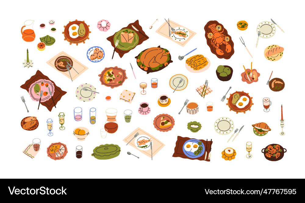 Dishes set cooked food breakfast and dinner Vector Image