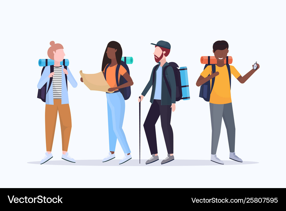 Group tourists hikers with backpacks holding Vector Image