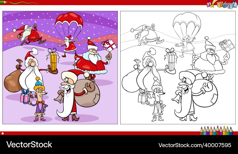 Santa claus characters with presents coloring Vector Image