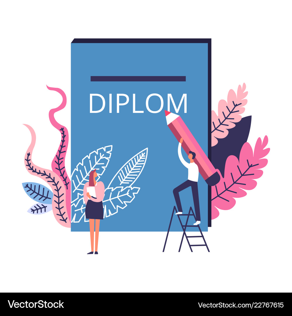 People working on diploma man with pencil writing Vector Image
