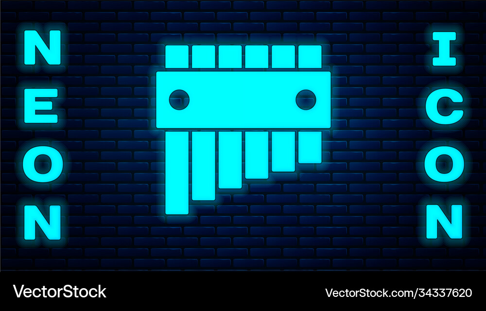 Glowing neon pan flute icon isolated on brick wall