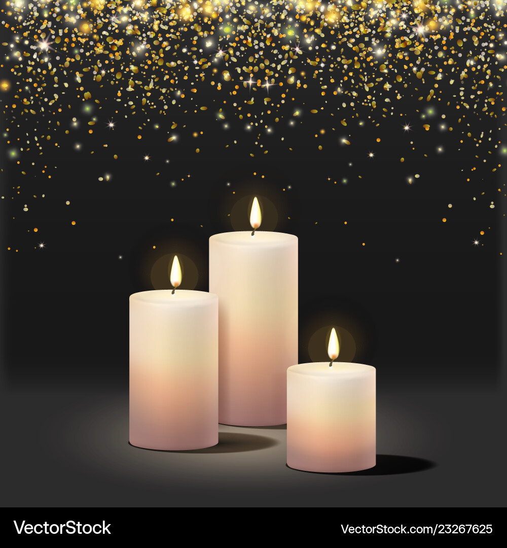 Realistic candles at dark background and confetti Vector Image