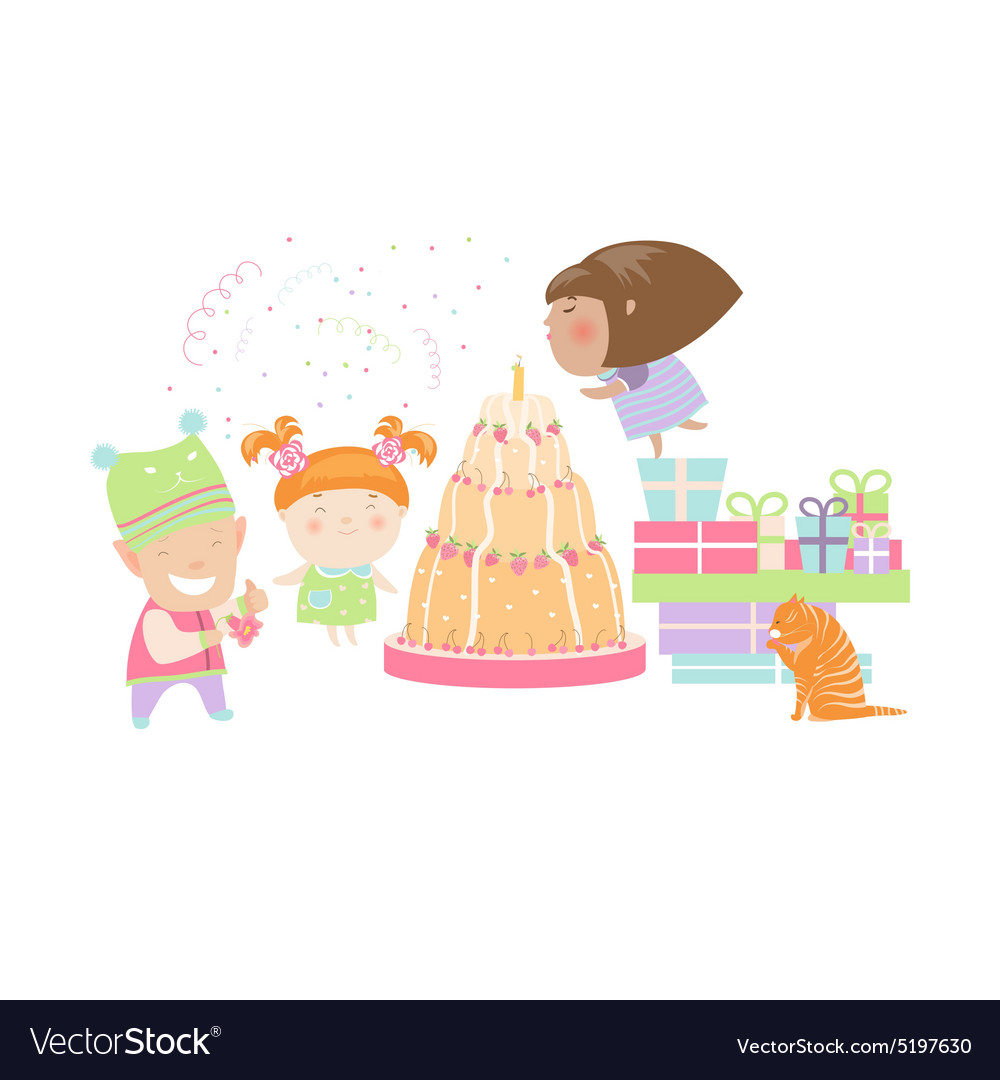 Kids celebrating birthday with gifts and cake Vector Image