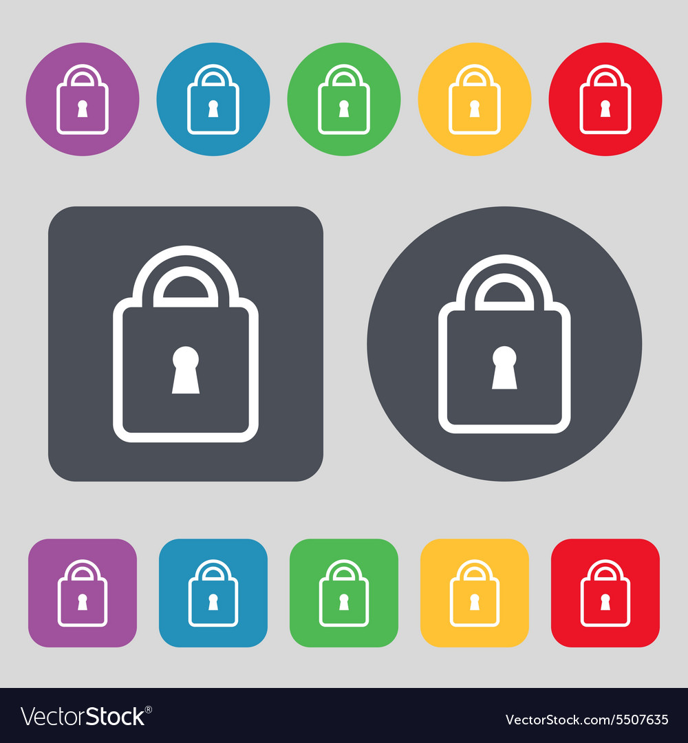Lock icon sign a set of 12 colored buttons flat Vector Image