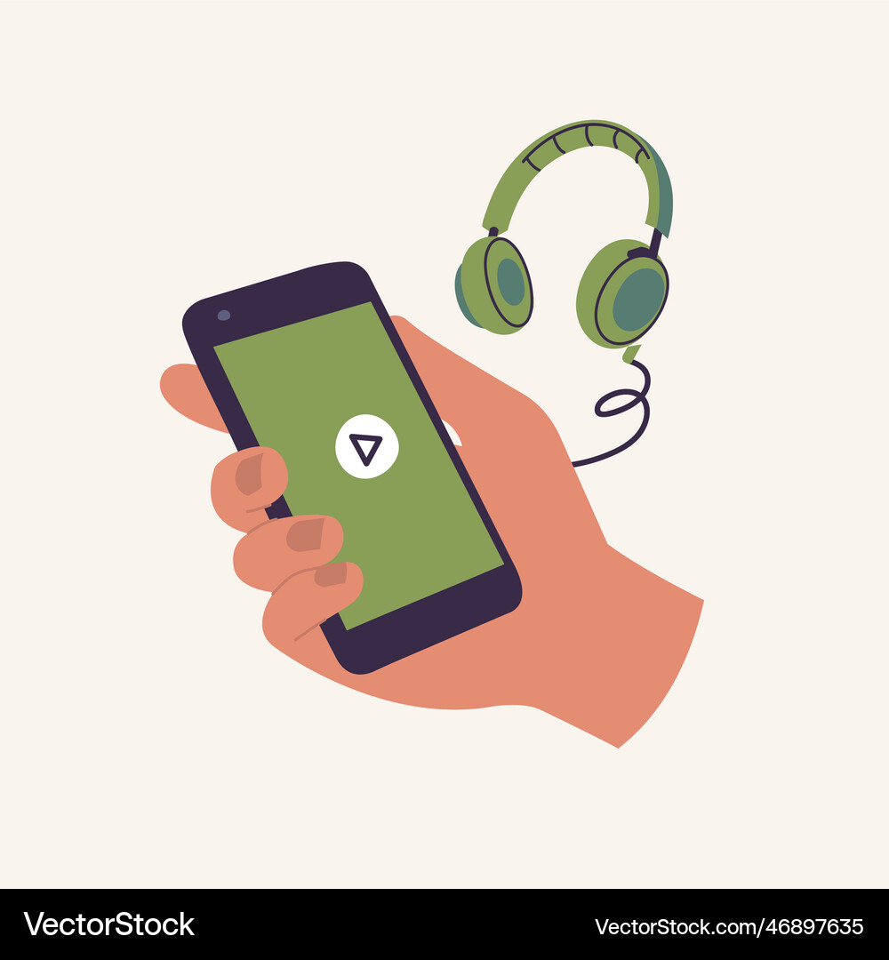 Mobile phone with headphones playing audio device Vector Image