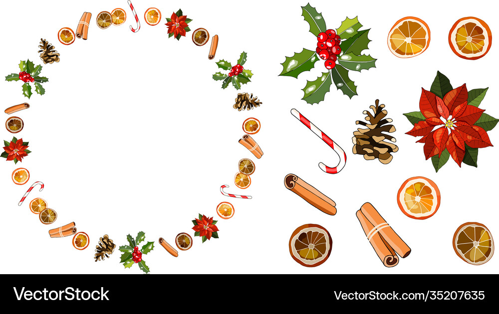 Round frame with poinsettia cinnamon stick dried Vector Image