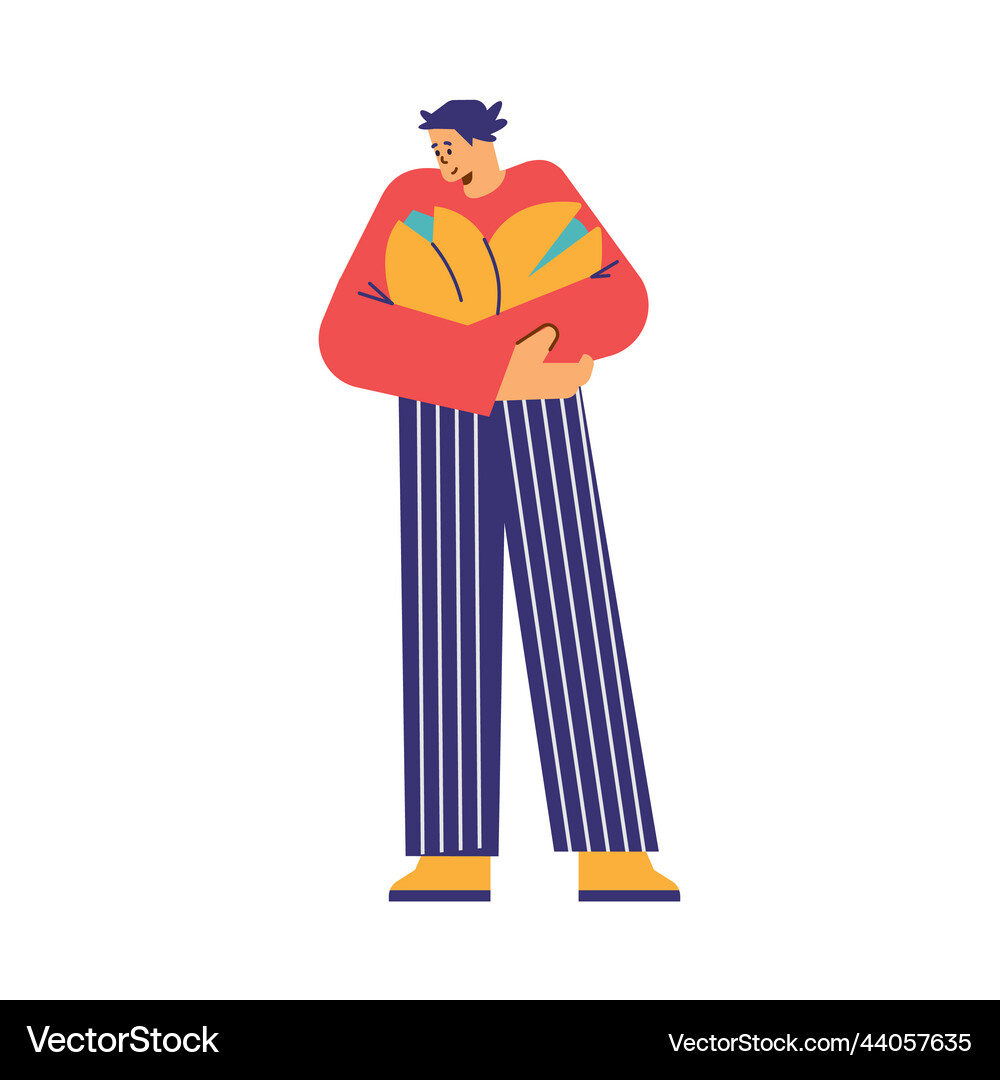 Smiling young man holding two huge nuts in his Vector Image