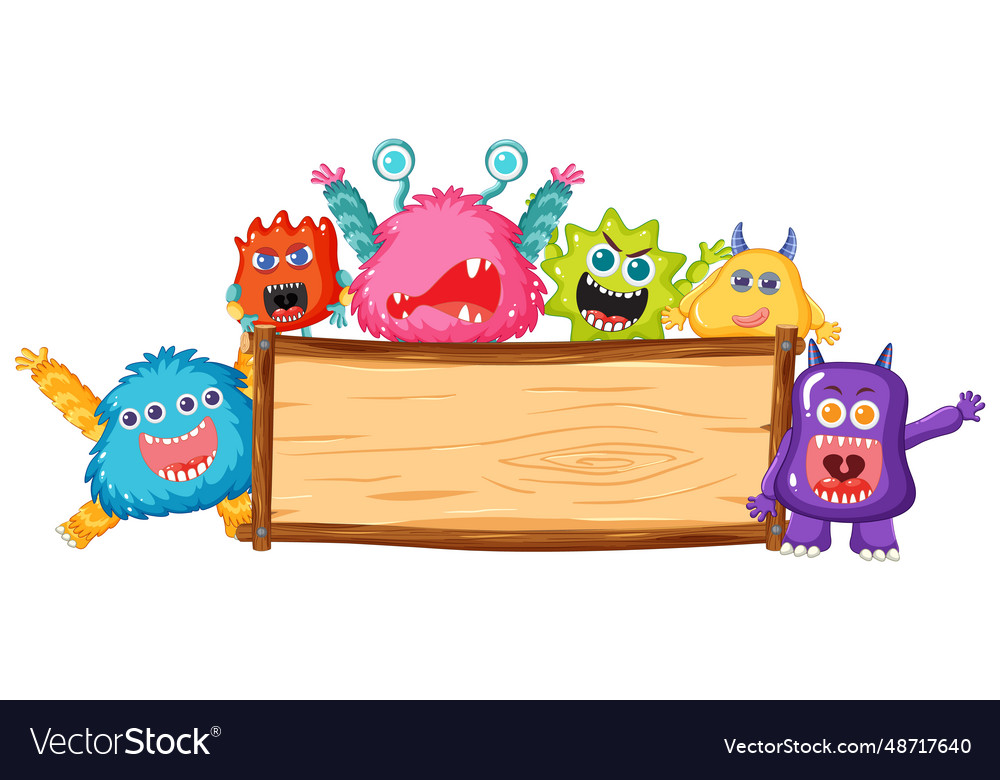 Cute happy monster friends holding wooden sign Vector Image